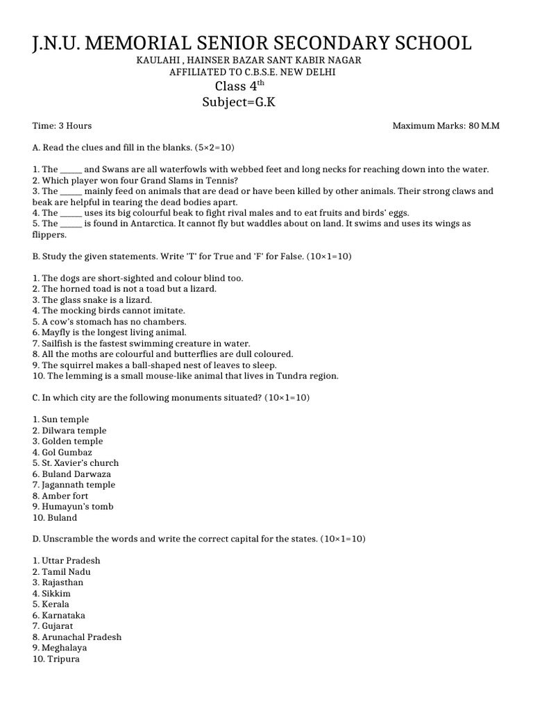 Class 4 GK Question Paper | PDF