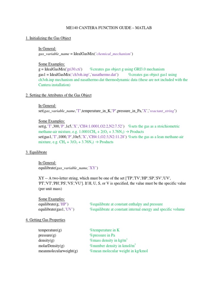 ME140 Cantera Function Guide | PDF | Heat Capacity | Gases