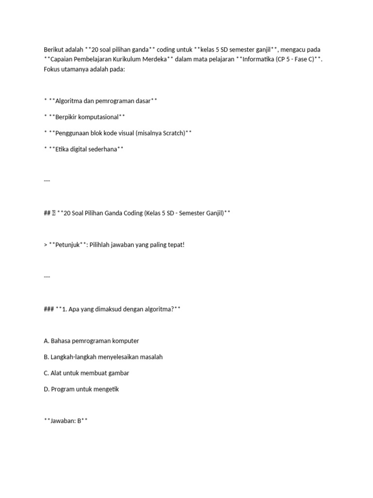 Soal Coding Kelas 5 Semester 1 | PDF