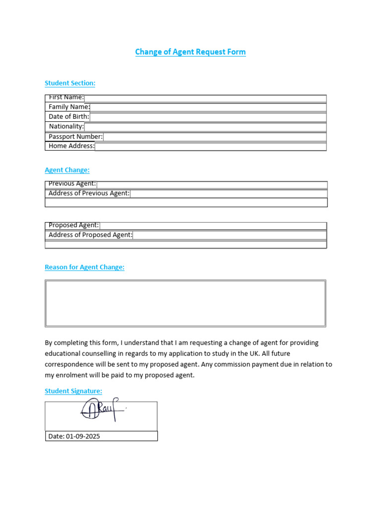 Agent Change Request Form for Students | PDF