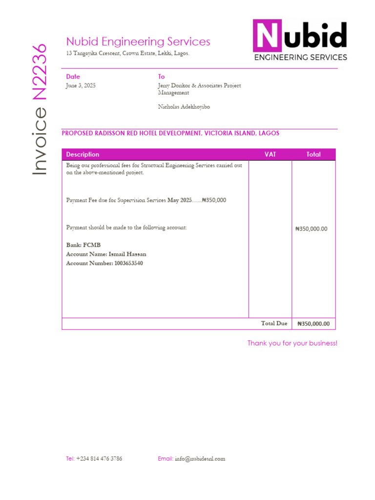 Invoice - Nubid Engineering Services - Radisson Red Supervision ...