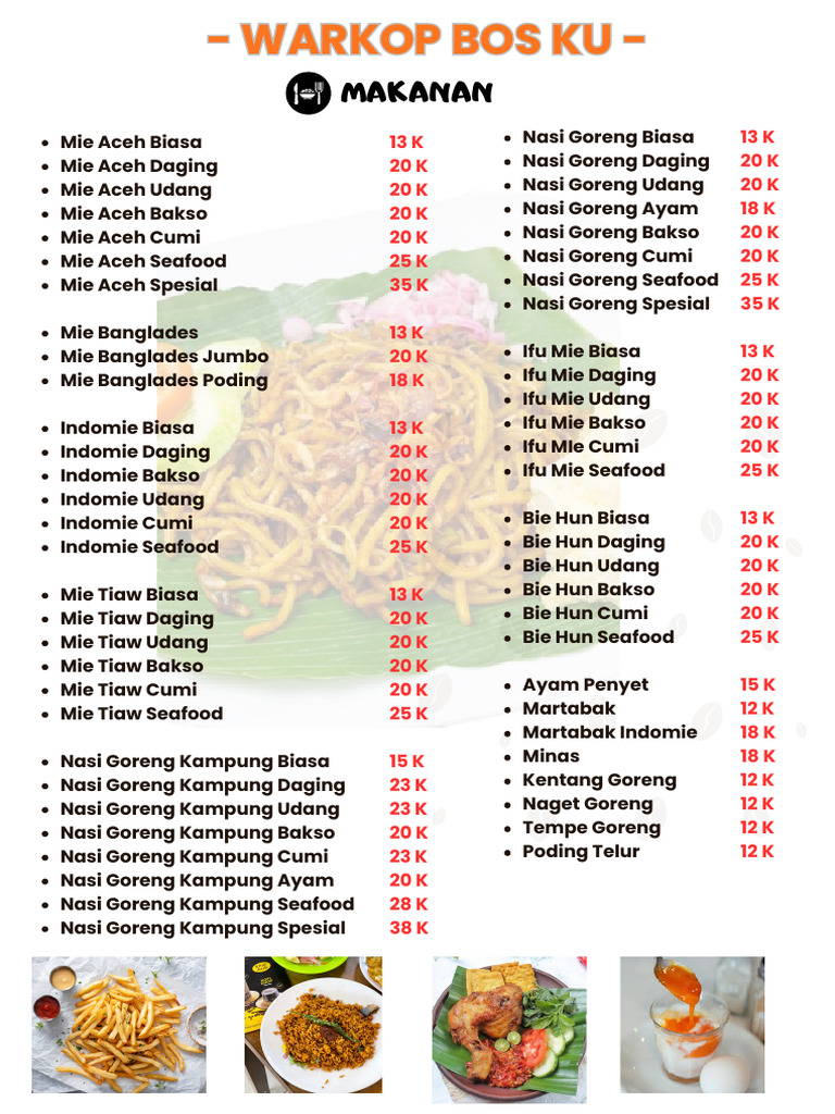 Menu Makanan dan Minuman Warkop Bos Ku | PDF