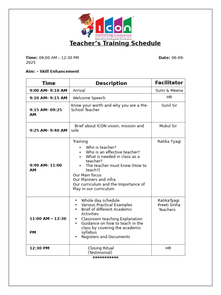 Teacher's Training Schedule | PDF