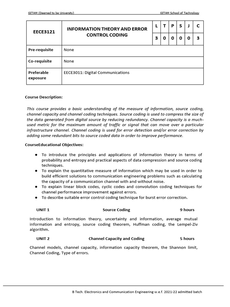 Information Theory & Error Control Coding | PDF | Low Density Parity ...