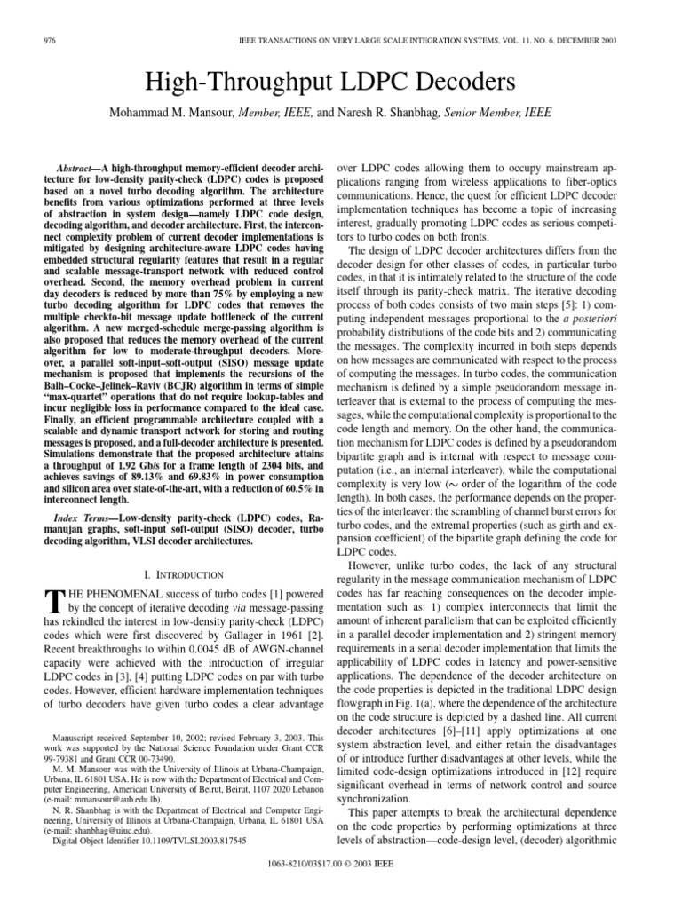 High-Throughput LDPC Decoder Architecture | PDF | Low Density Parity ...
