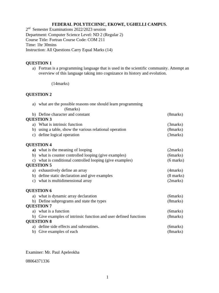 Examination Questions Fortran Com 211 | PDF | Parameter (Computer Programming) | Computer ...