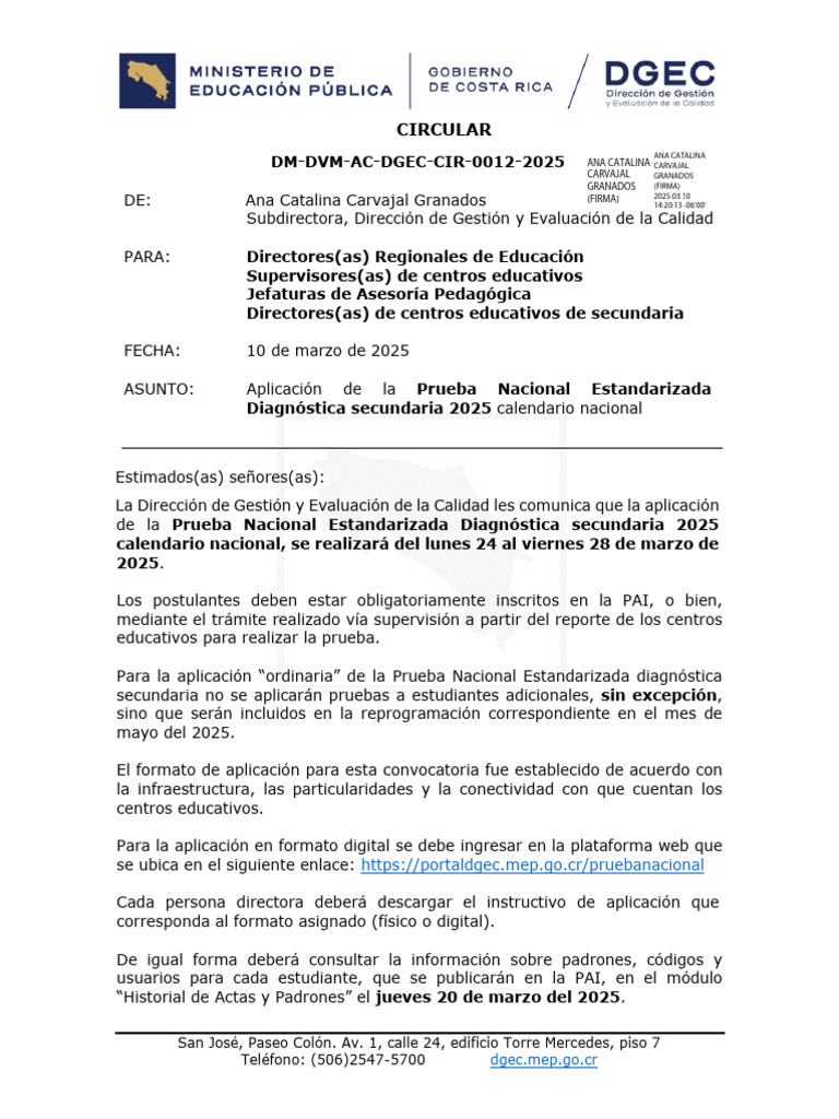 CIRCULAR DM-DVM-AC-DGEC-CIR-0012-2025 Aplicación de La Prueba Nacional Estandarizada Diagnóstica ...