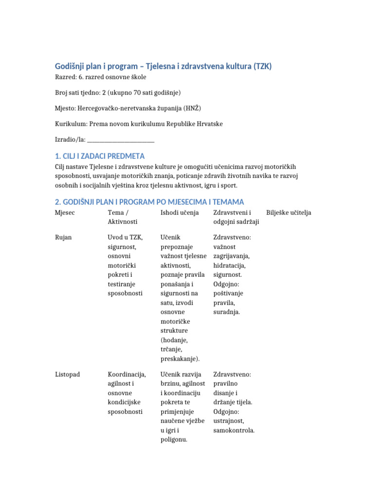 Godisnji_plan_TZK_6_razred_HNZ | PDF