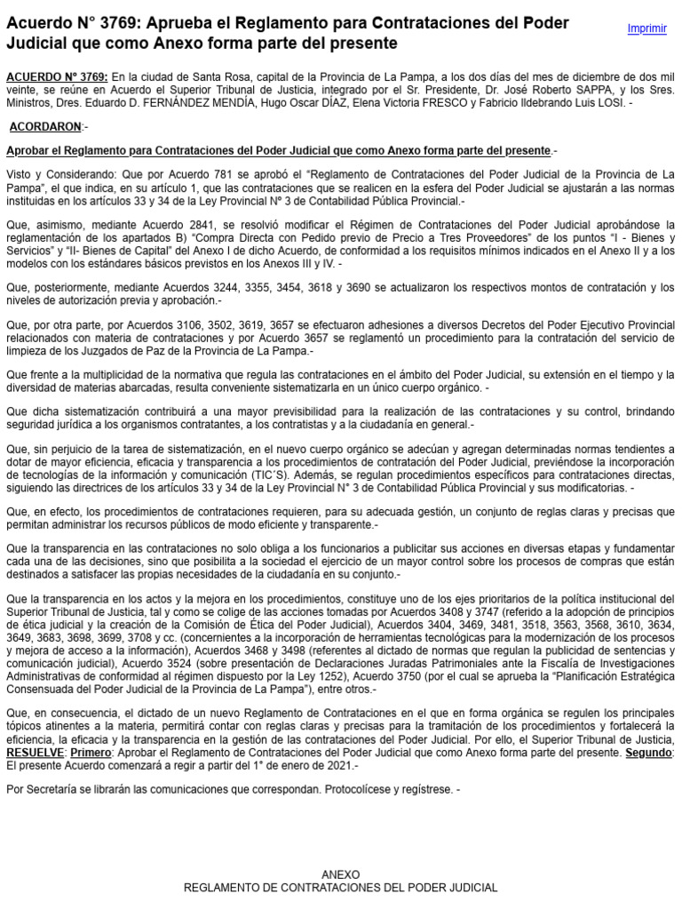 Acuerdo N° 3769_ Aprueba el Reglamento para Contrataciones del Poder Judicial que como Anexo ...