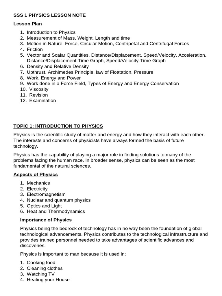 SSS 1 Physics Lesson Plan Overview | PDF | Force | Physics