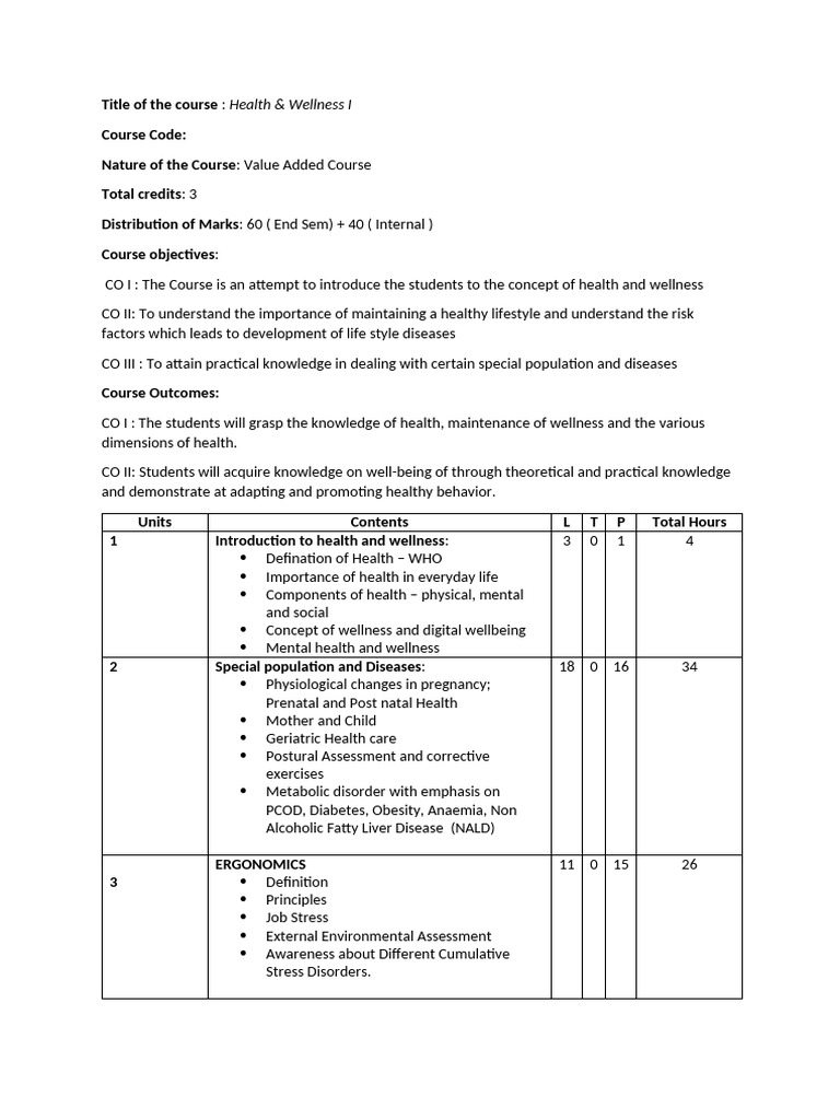 Health & Wellness Course Overview | PDF | Human Diseases And Disorders ...