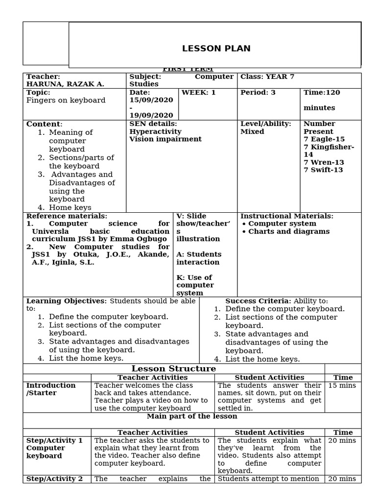 Week 1 Lesson Plan for Yr 7 First Term | PDF | Computer Keyboard ...