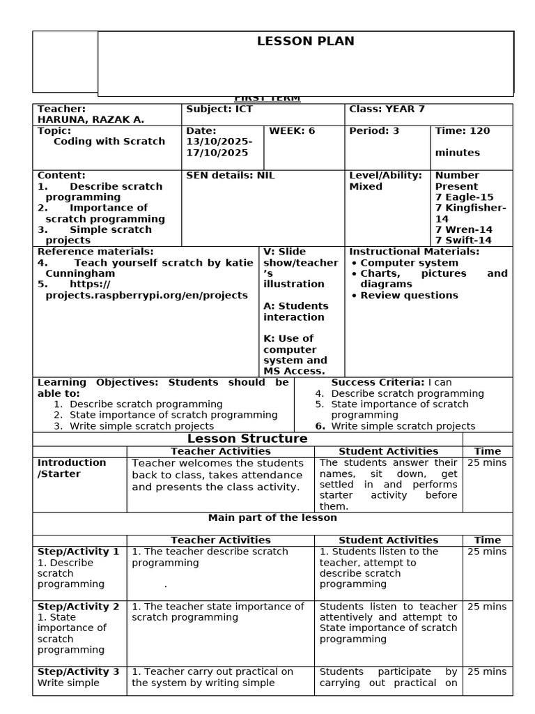 Scratch Programming Lesson Plan for Year 7 | PDF | Computer Programming ...