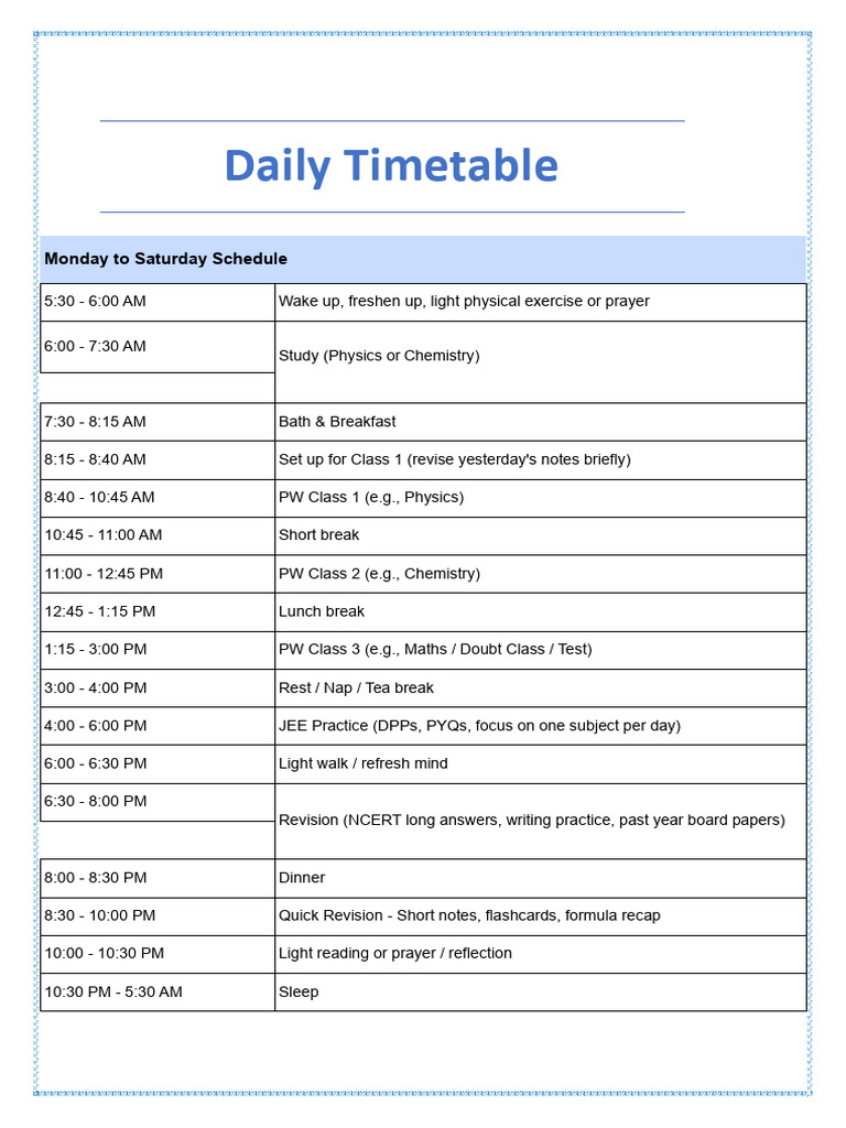 Daily Study Timetable for JEE Prep | PDF