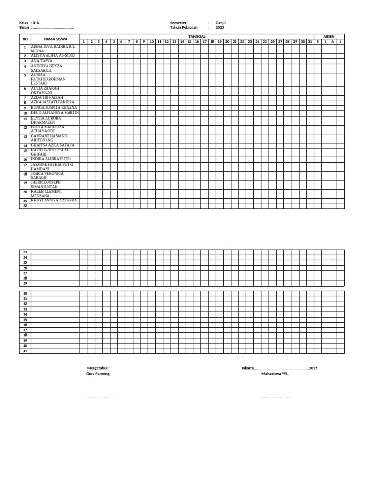 Daftar Absen Kelas X-A Semester Ganjil | PDF