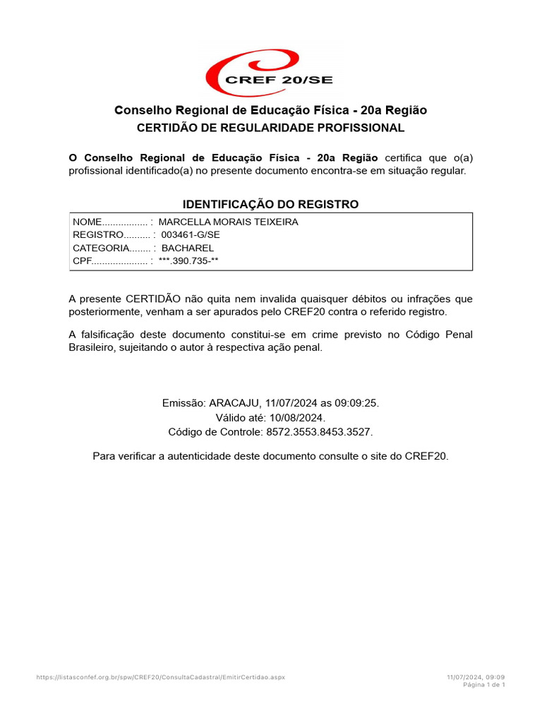 Certidão de Regularidade CREF 20ª Região | PDF