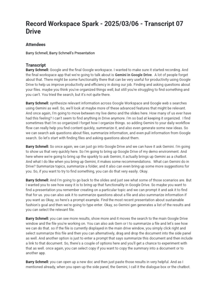 Transcript Workspace Spark - 2025 - 03 - 06 - 07 Drive | PDF | Software | Computing