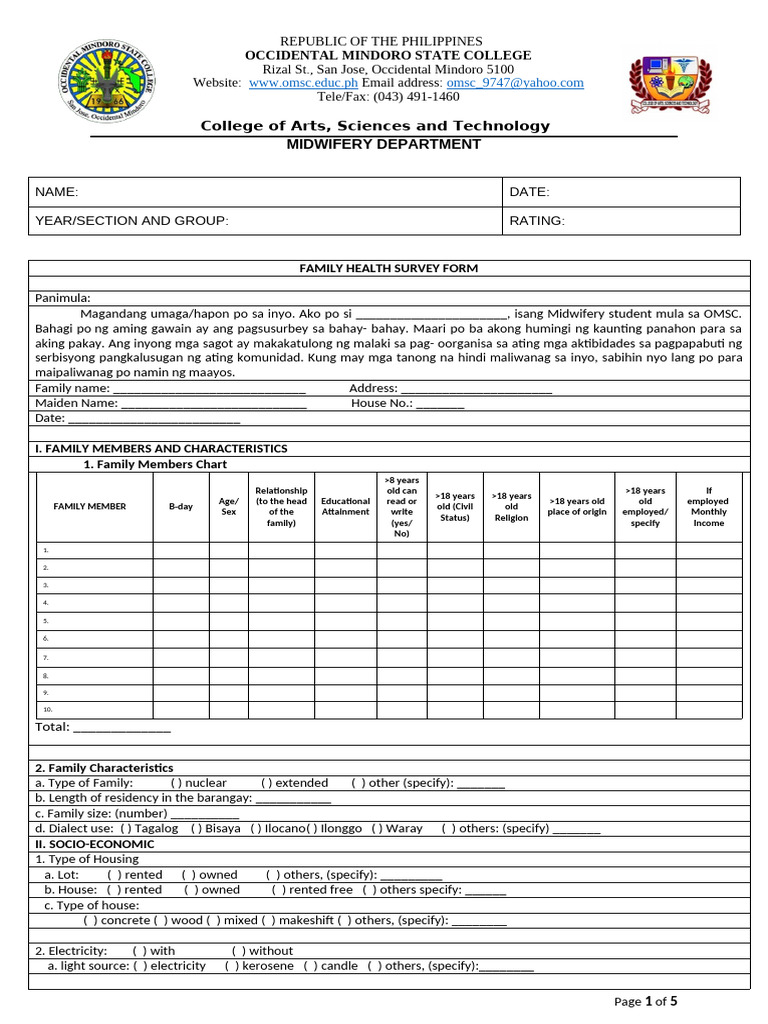 OMSC MIDWIFERY DEPARTMENT Family Health Survey Form | PDF ...