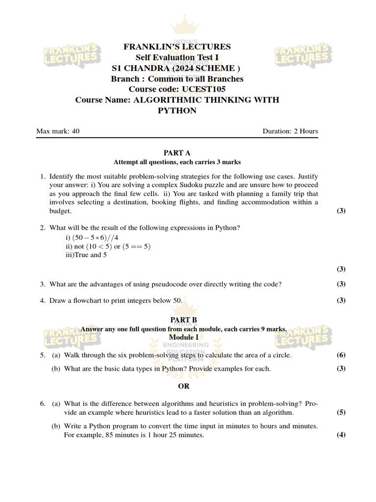 S1 First Series - Algorithmic Thinking With Python - Franklin's Lectures | PDF | Applied ...