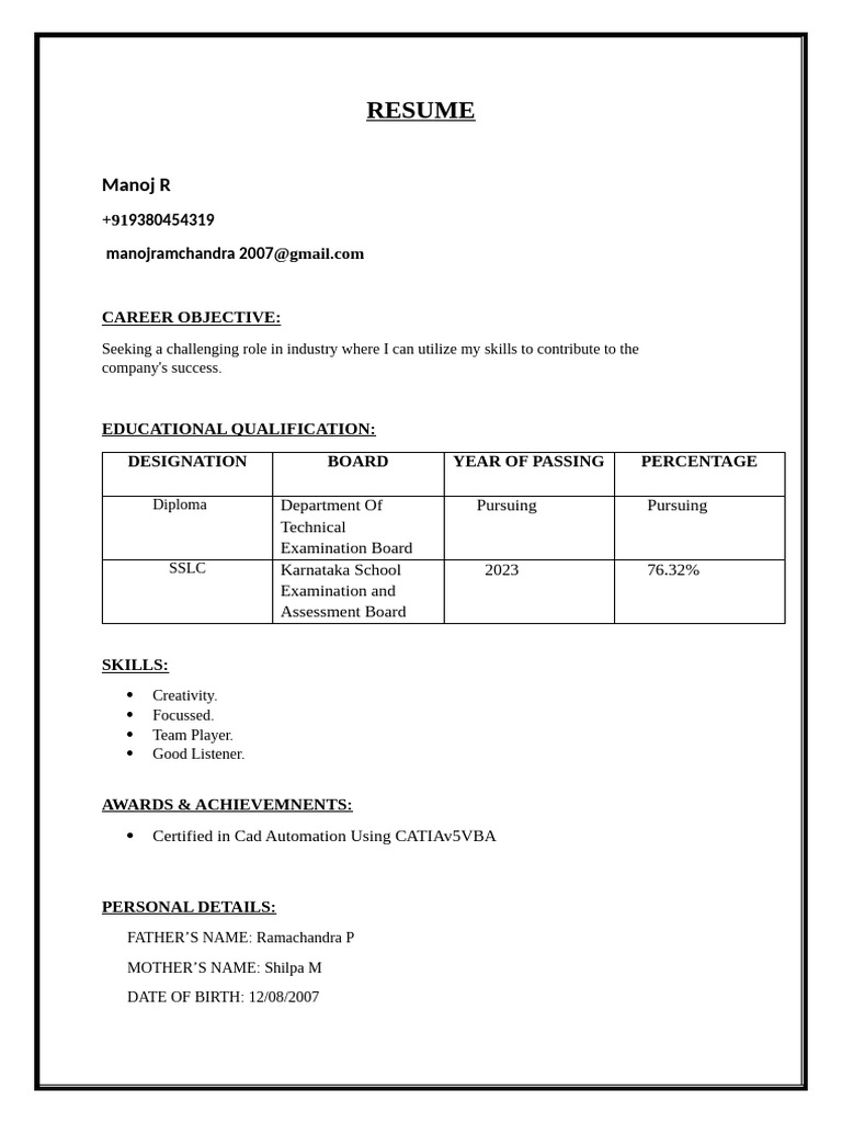 Manoj R Resume - Skills & Education | PDF