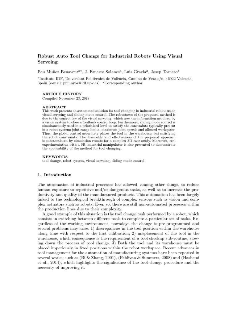 Auto Tool Change For Visual Servoing | PDF | Kinematics | Matrix ...