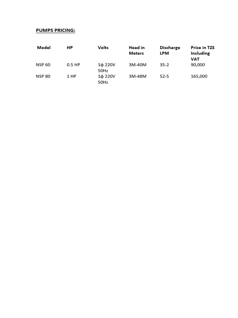 Pump Pricing and Specifications Guide | PDF