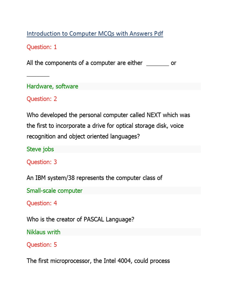 Introduction To Computer Mcqs With Answers | PDF