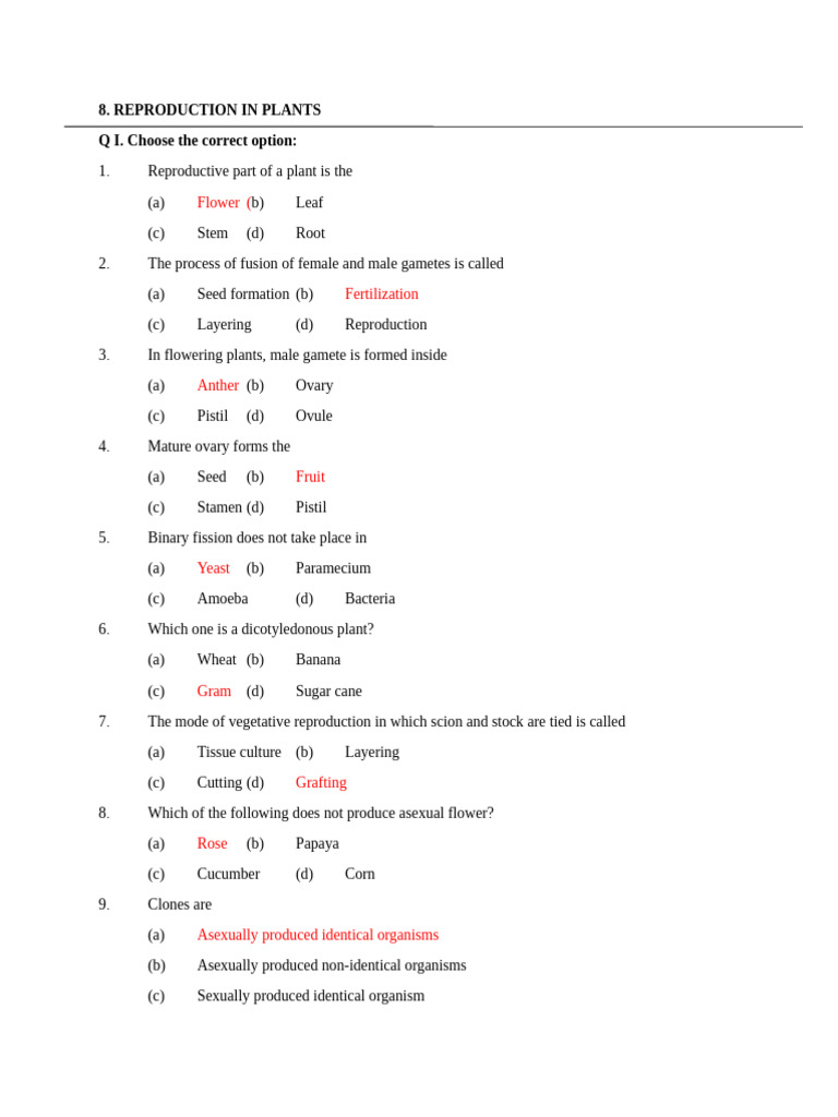 Plant and Animal Reproduction Quiz Key | PDF | Flowers | Plant Reproduction