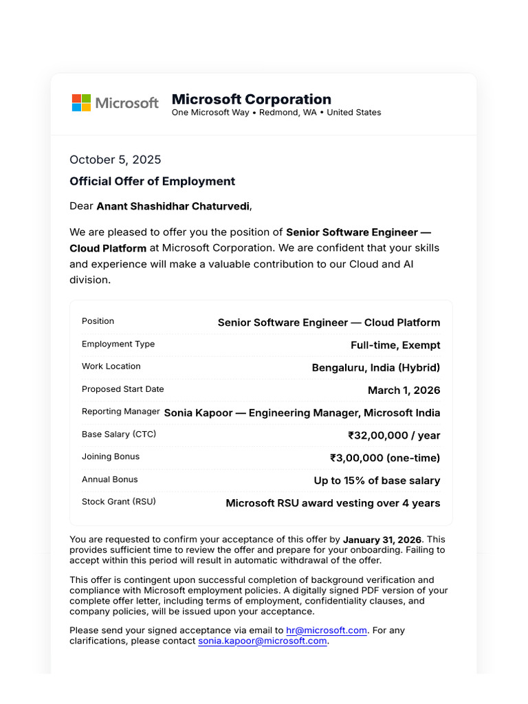 Microsoft Job Offer Letter Details | PDF