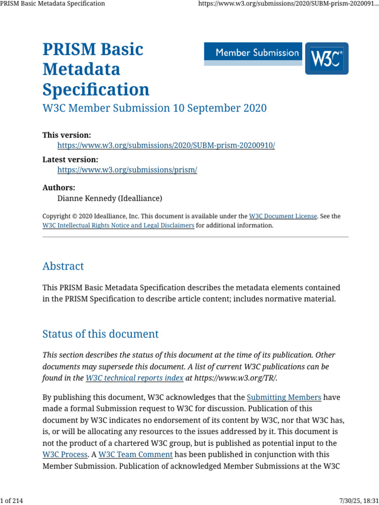 W3C - PRISM Basic Metadata Specification, 2020 | PDF | Resource Description Framework | Xml Schema