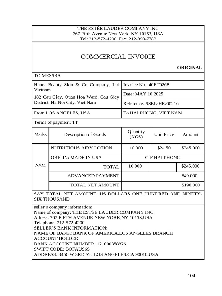 Estée Lauder Invoice for Vietnam Shipment | PDF