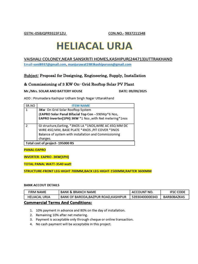 3 KW GRID QUOTATION Solar and Battery House | PDF
