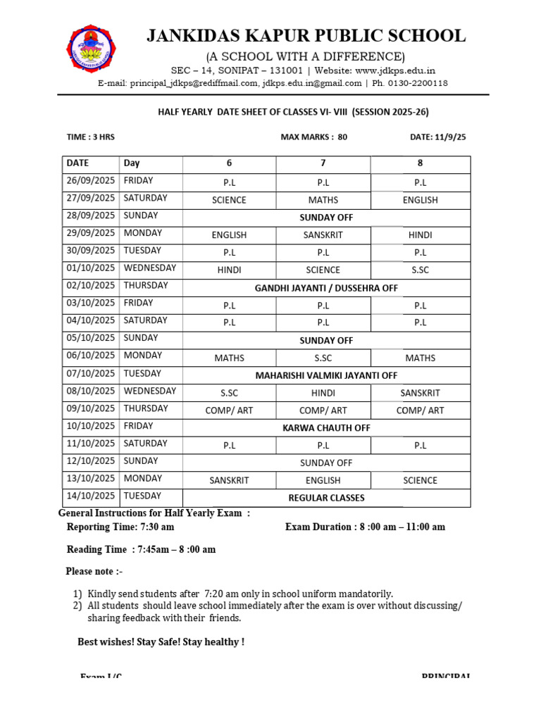 Half Yearly Date Sheet (Classes 6 To 8) | PDF