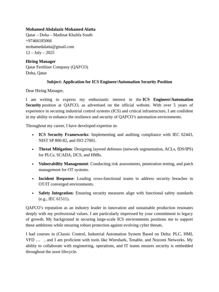 ICS Engineer Application for QAFCO | PDF