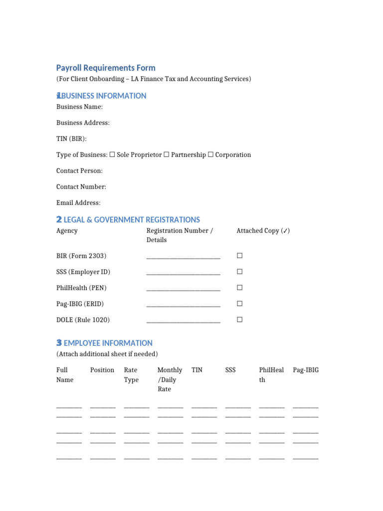 Payroll Requirements Form Fillable | PDF | Payroll | Business