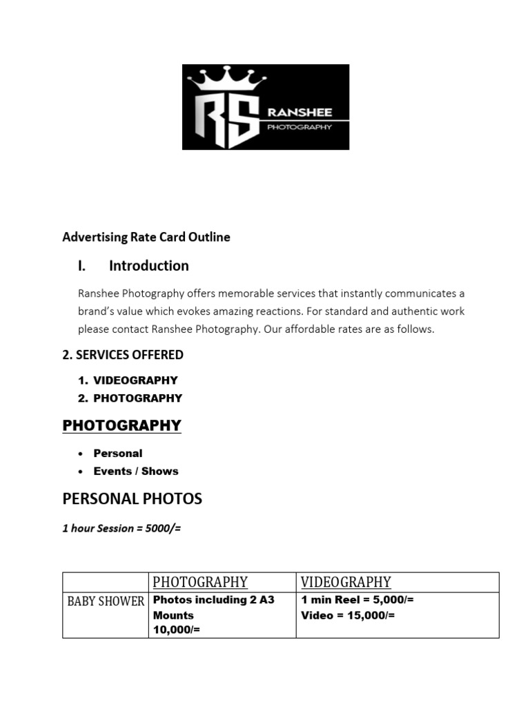 Ranshee Photography Rate Card | PDF