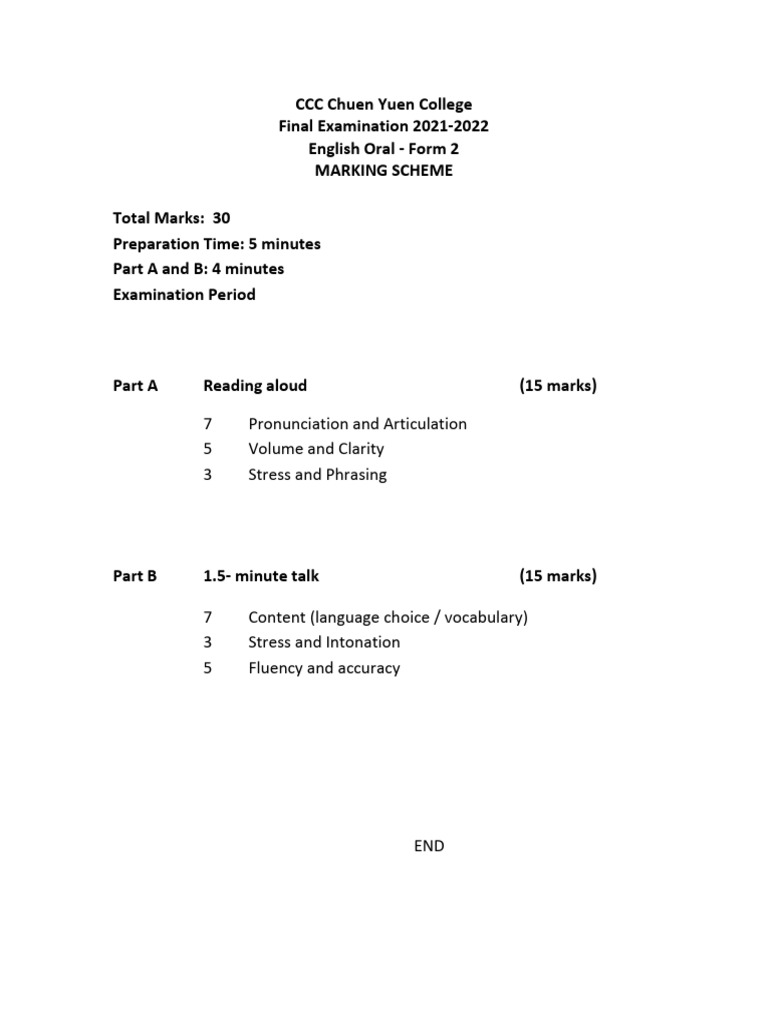 20212022 ENG S2 Final Oral Exam Marking | PDF