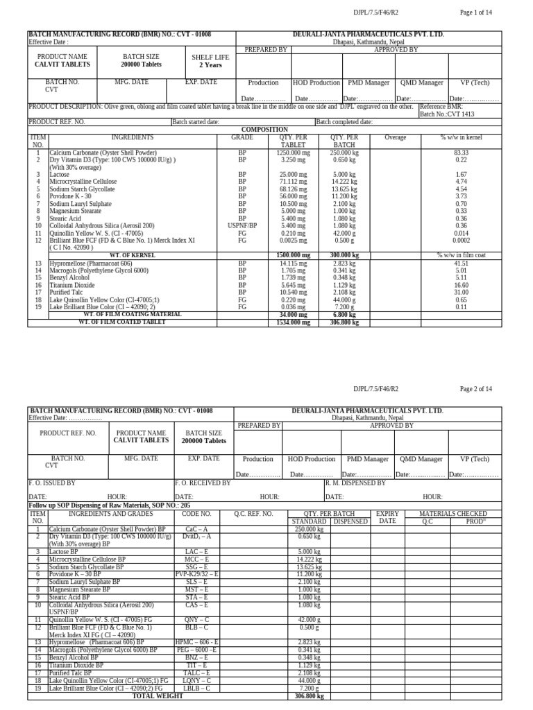 BMR Calvit Tablets 01001 200000 | PDF | Tablet (Pharmacy)