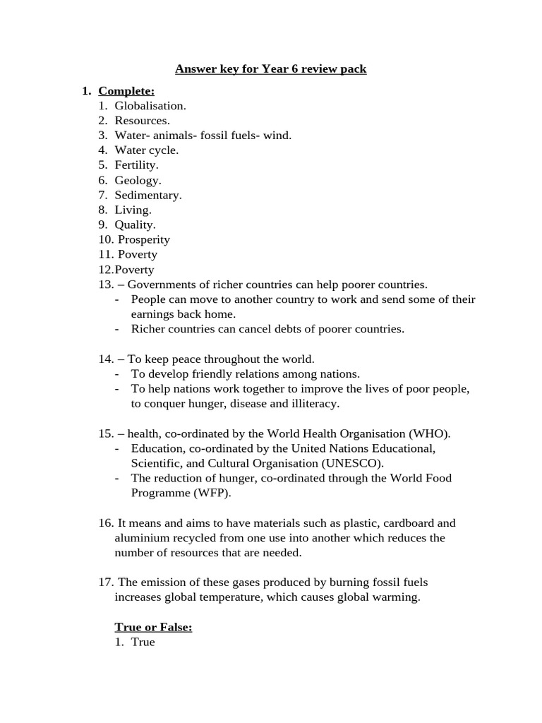 Year 6 Review Pack Answer Key | PDF