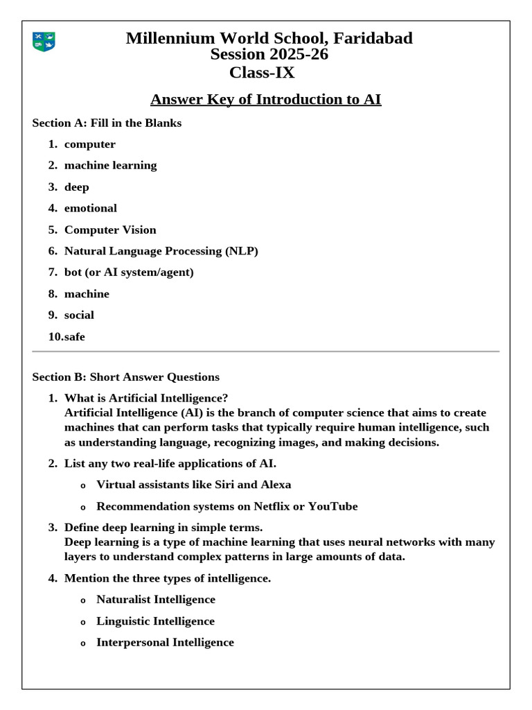 AI Introduction Answer Key for Class IX | PDF | Artificial Intelligence ...