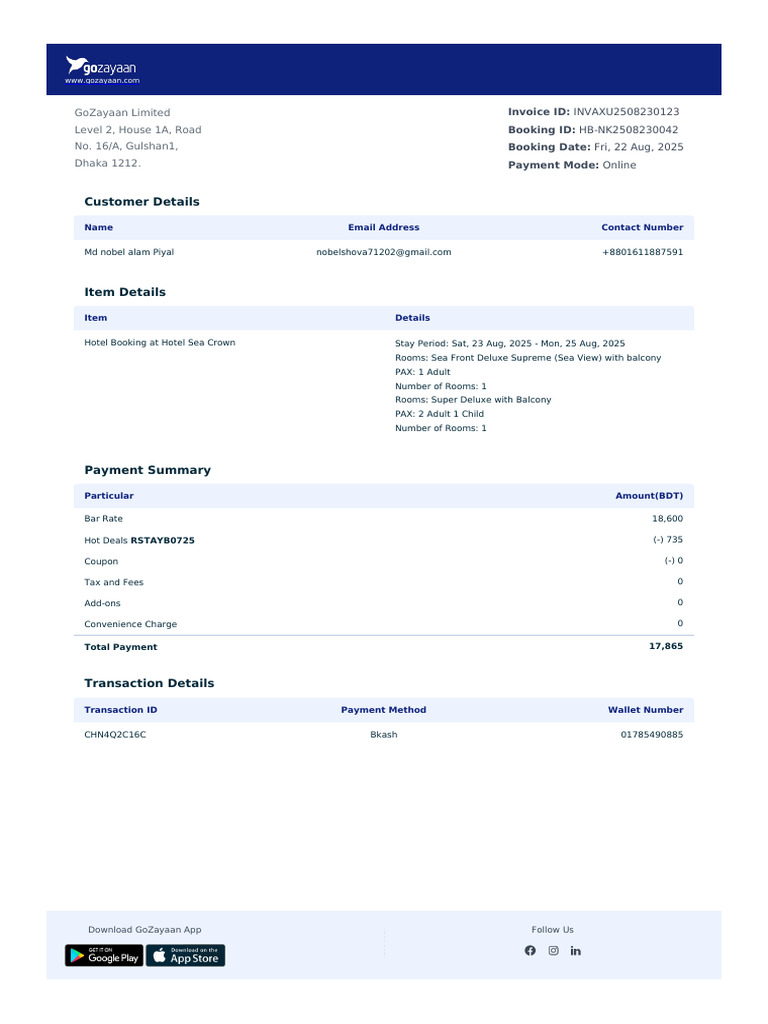 GoZayaan Hotel Booking Invoice Details | PDF | Services (Economics) | Money