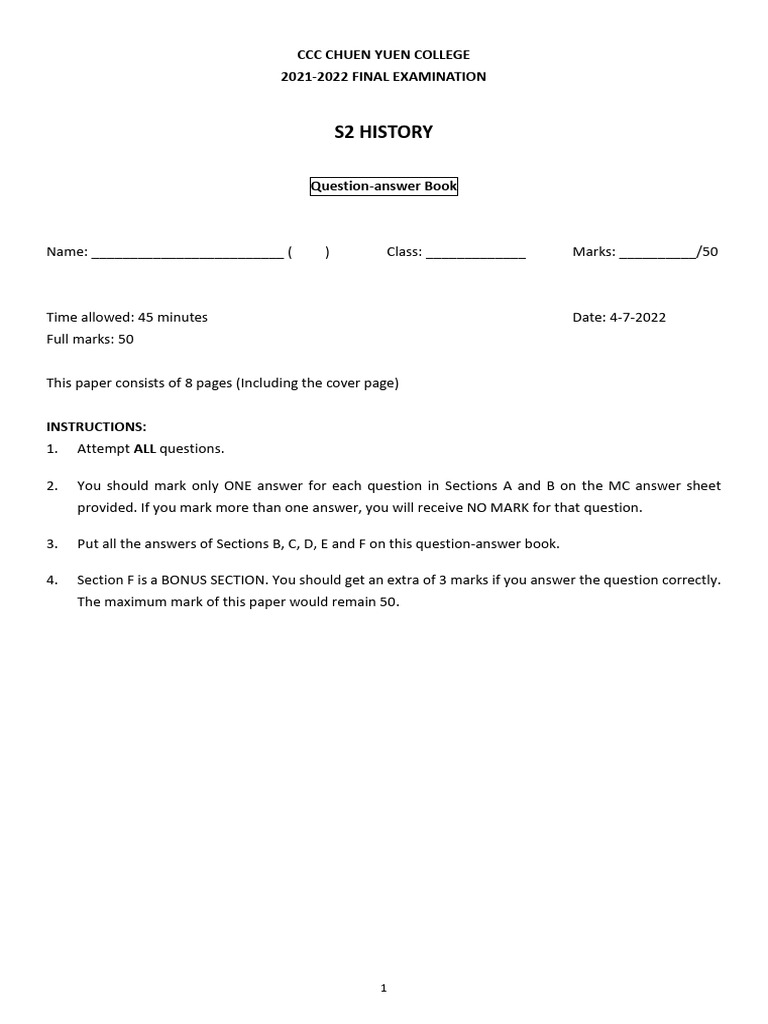 S2 History Final Exam Paper 2021-2022 | PDF | British Empire | The ...
