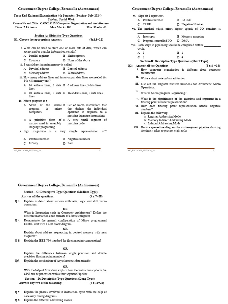 Computer Org and Architecture Pyq | PDF | Computing | Computer Science