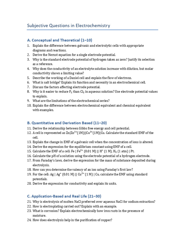 Subjective Electrochemistry Questions | PDF | Electrochemistry | Electrode