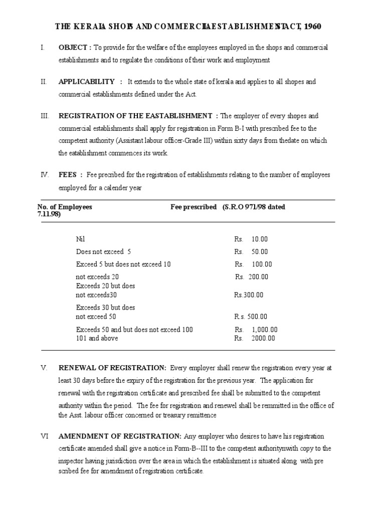 Kerala Shops and Commercial Establishment Act 1960 | PDF | Overtime ...
