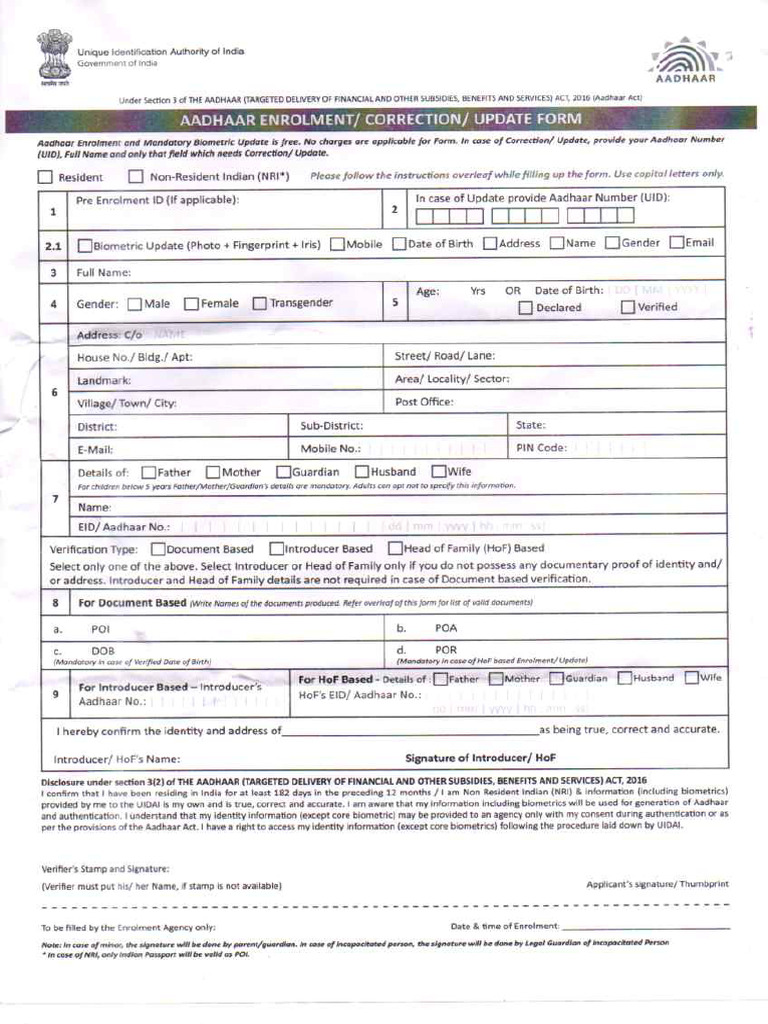 Adhar Correction Form | PDF