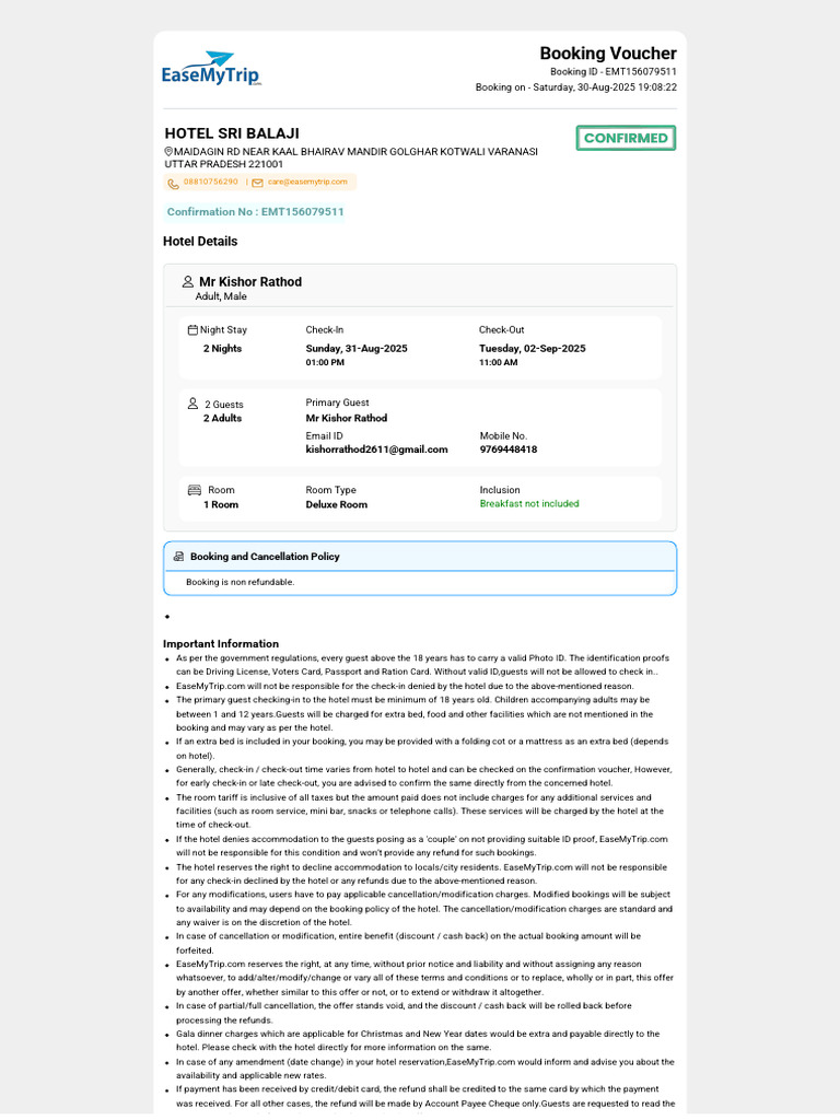 EaseMyTrip Hotel E Ticket for Hotels | PDF | Credit Card | Payments