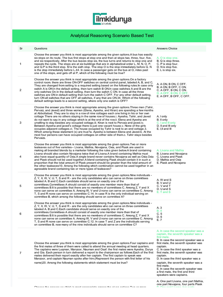 Analytical Reasoning Test Questions | PDF | Multiple Choice