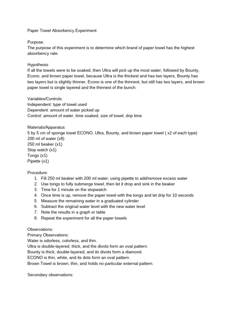 Paper Towel Absorbancy Experiemnt | PDF | Experiment