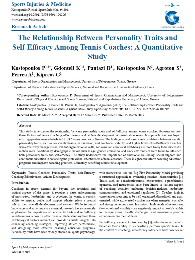 The Relationship Between Personality Traits and Self Efficacy Among Tennis Coaches A ...
